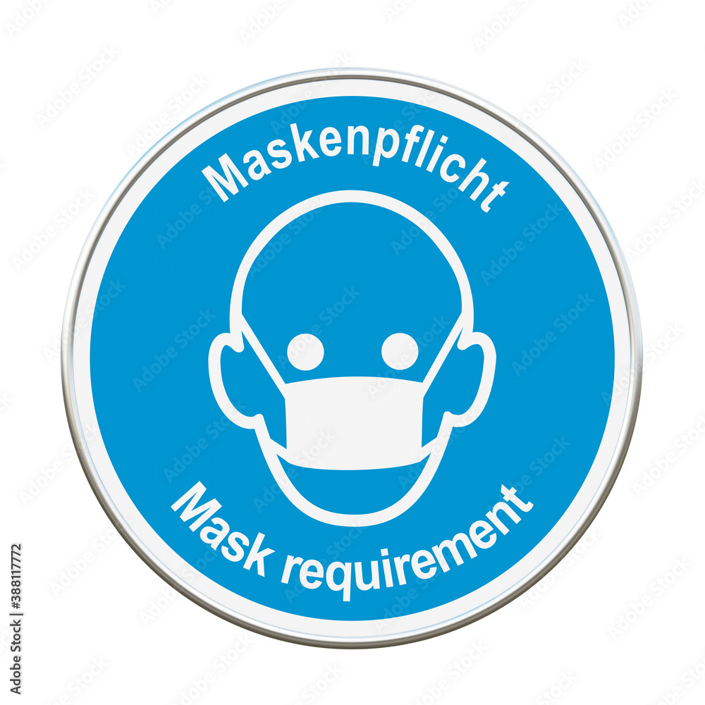 Symbol Schild mit Text in deutsch und englisch "Maskenpflicht". 3d ...