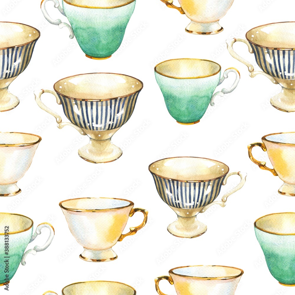Seamless background. Tea party pattern on white. Watercolor ...