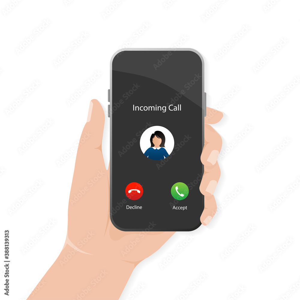Incoming call in flat style. Perspective vector. Accept button, decline ...