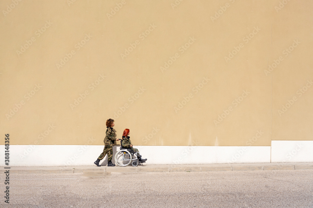 Female military office pushing wheelchair of army soldier while walking ...