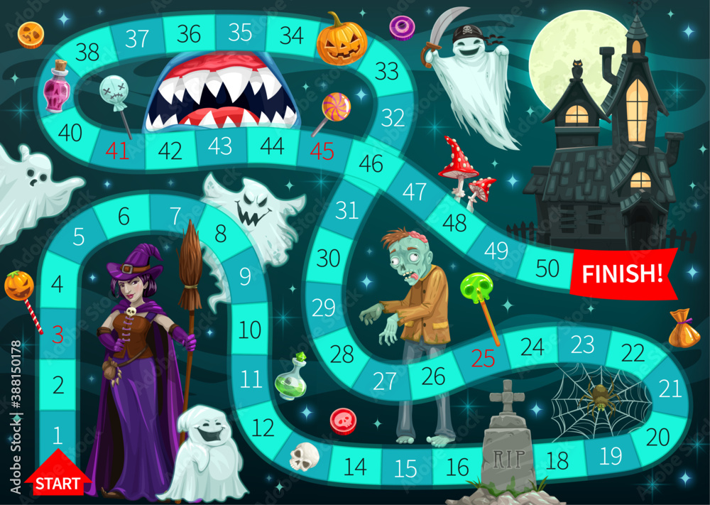 Start to finish board game vector template with cartoon Halloween ...
