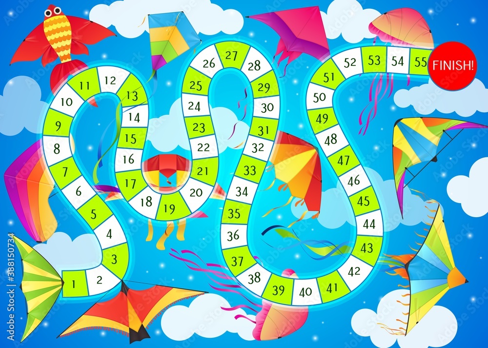 Start to finish children board game vector template with cartoon kites ...