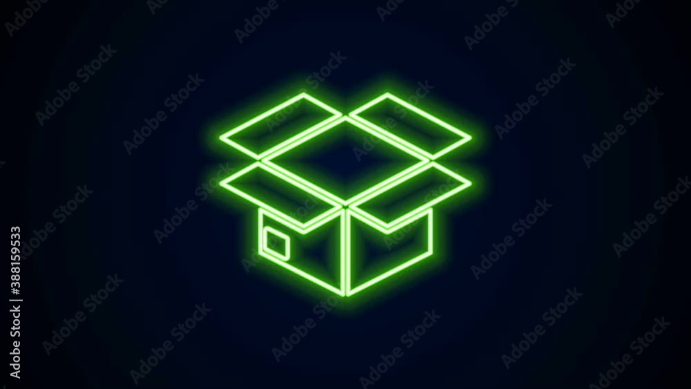 Glowing neon line Carton cardboard box icon isolated on black ...