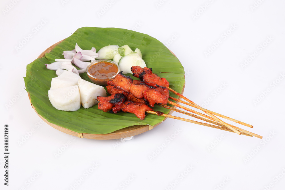 Chicken beef mutton meet Satay set nasi impit sticky rice cake sliced ...