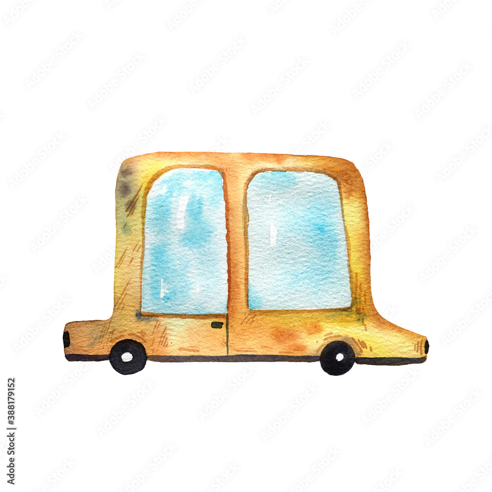 Watercolor illustration of yellow car. Hand drawn style. Cartoon art ...