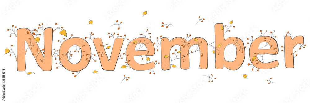November word. November concept text with leaves and branches. Vector ...