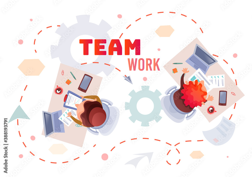 Office table topview illustration of woman and man working in team in ...