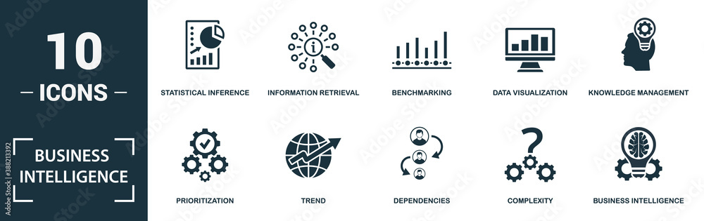Business Intelligence icon set. Monochrome sign collection with ...