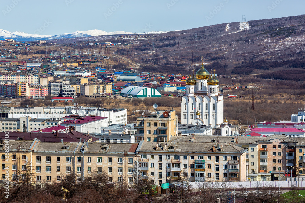 Top view of residential buildings and a large beautiful cathedral ...