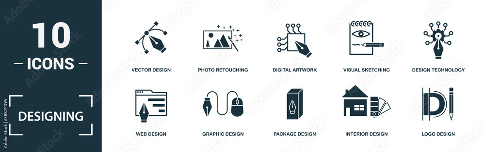 Designing icon set. Monochrome sign collection with branding design ...
