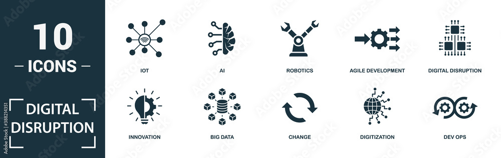 Digital Disruption icon set. Monochrome sign collection with iot, ai ...