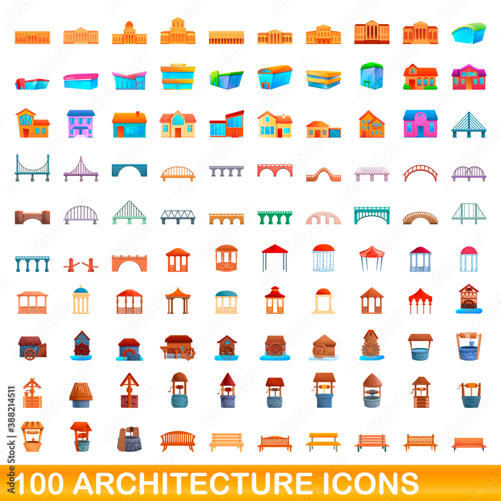 100 architecture icons set. Cartoon illustration of 100 architecture ...