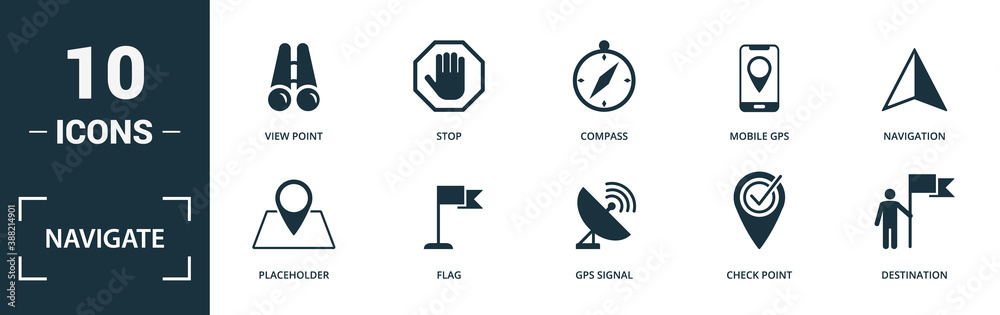 Navigate icon set. Monochrome sign collection with map location ...