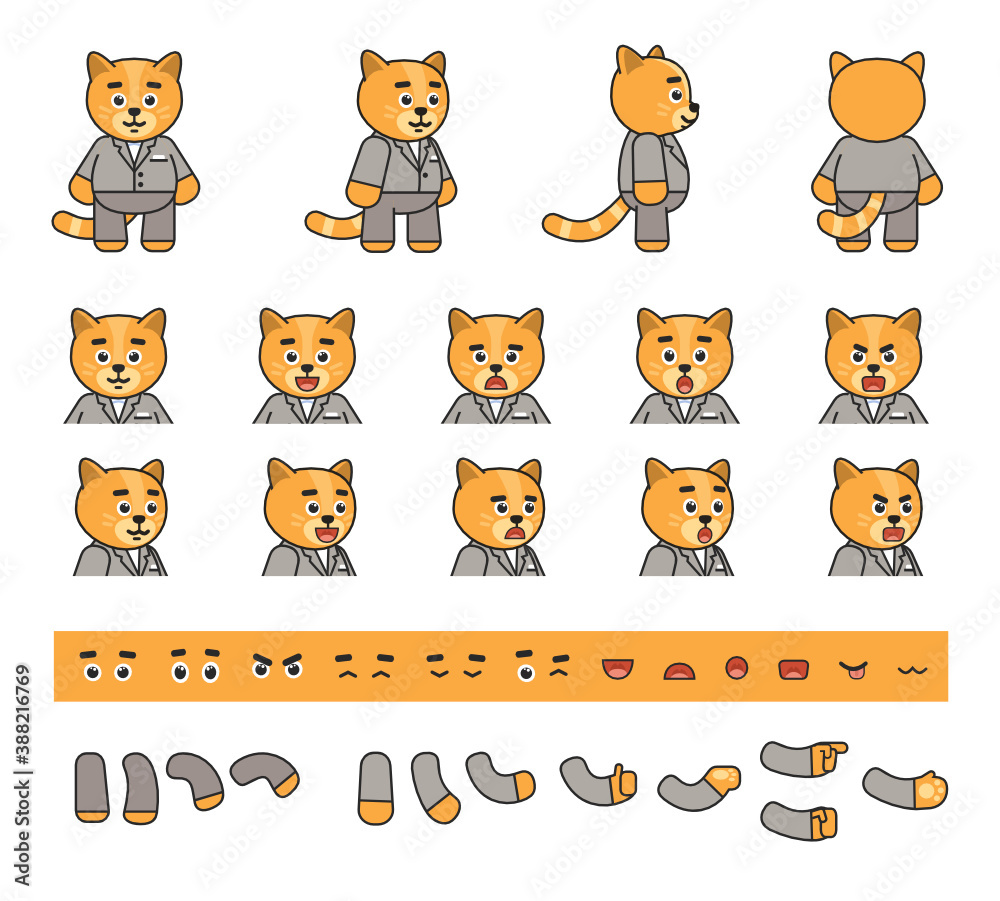 Cute yellow chibi cat in grey suit creation kit. Create your own action ...