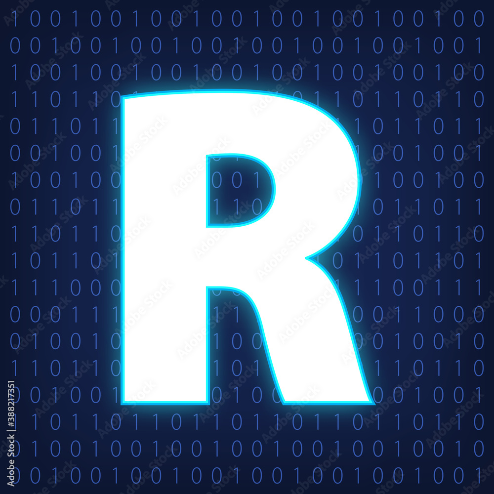 Machine code languages in neon style. Programming languages concept in blue. Language R on ...