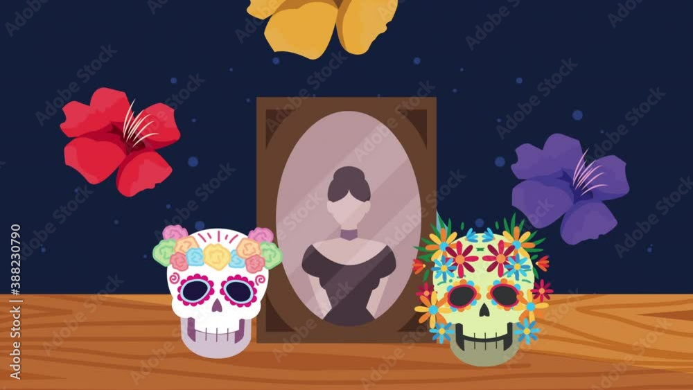 dia de los muertos animation with pray altar and skulls vídeo do Stock ...