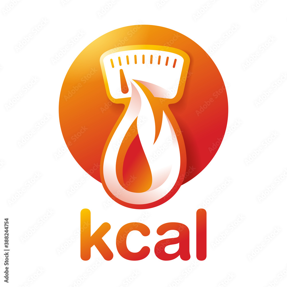 kcal icon (calories sign) combination of flame (fat burning) and weight ...