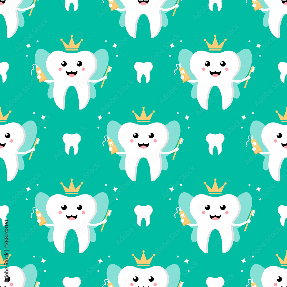 Cute cartoon style tooth fairy, tooth queen with toothpaste and brush ...