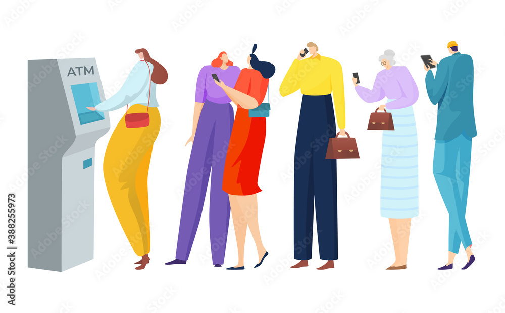 Atm bank queue for man woman person character with cash vector ...