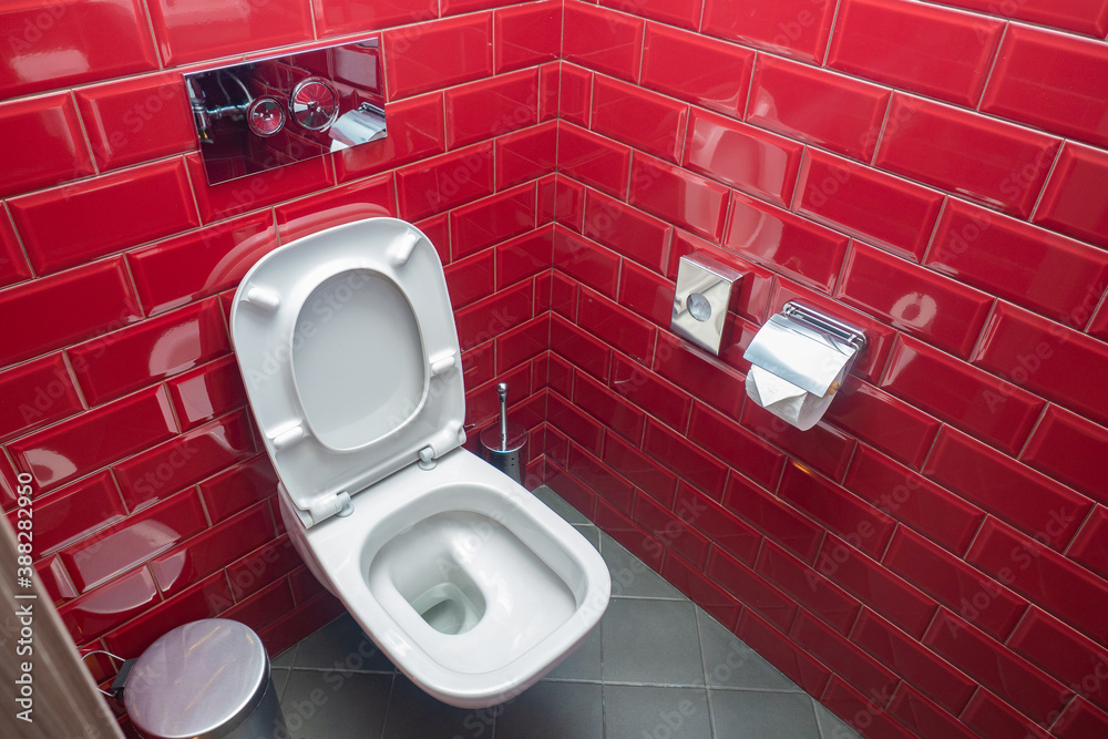 Toilet bowl close-up. Walls of WC room are decorated with red tiles. WC ...