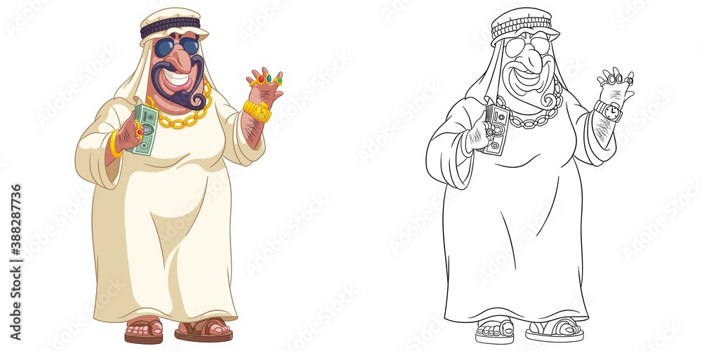 Coloring page with arabian rich man. Line art drawing for kids activity ...