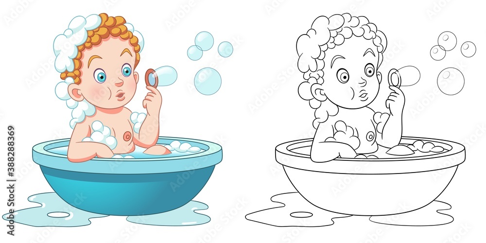 Coloring page with little baby taking bath. Line art drawing for kids ...
