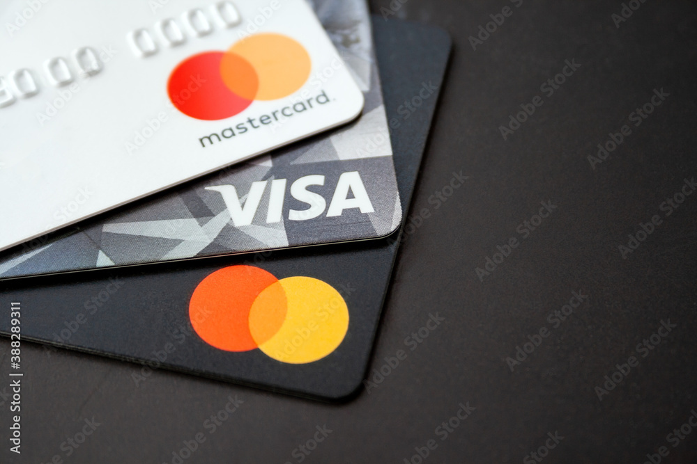 Credit and debit cards Visa and Mastercard for cashless payments on a ...