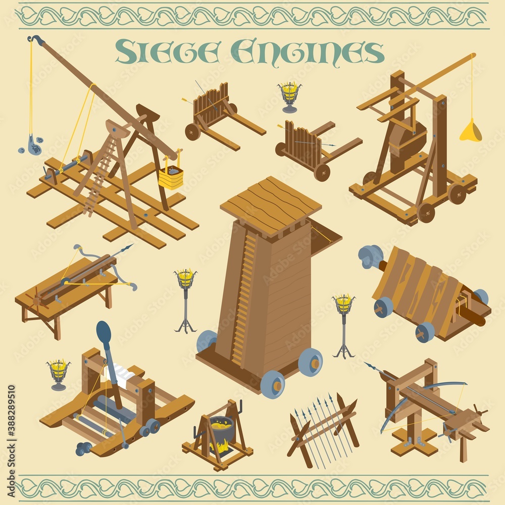 Medieval and Roman siege engines and war machines battle in isometric ...