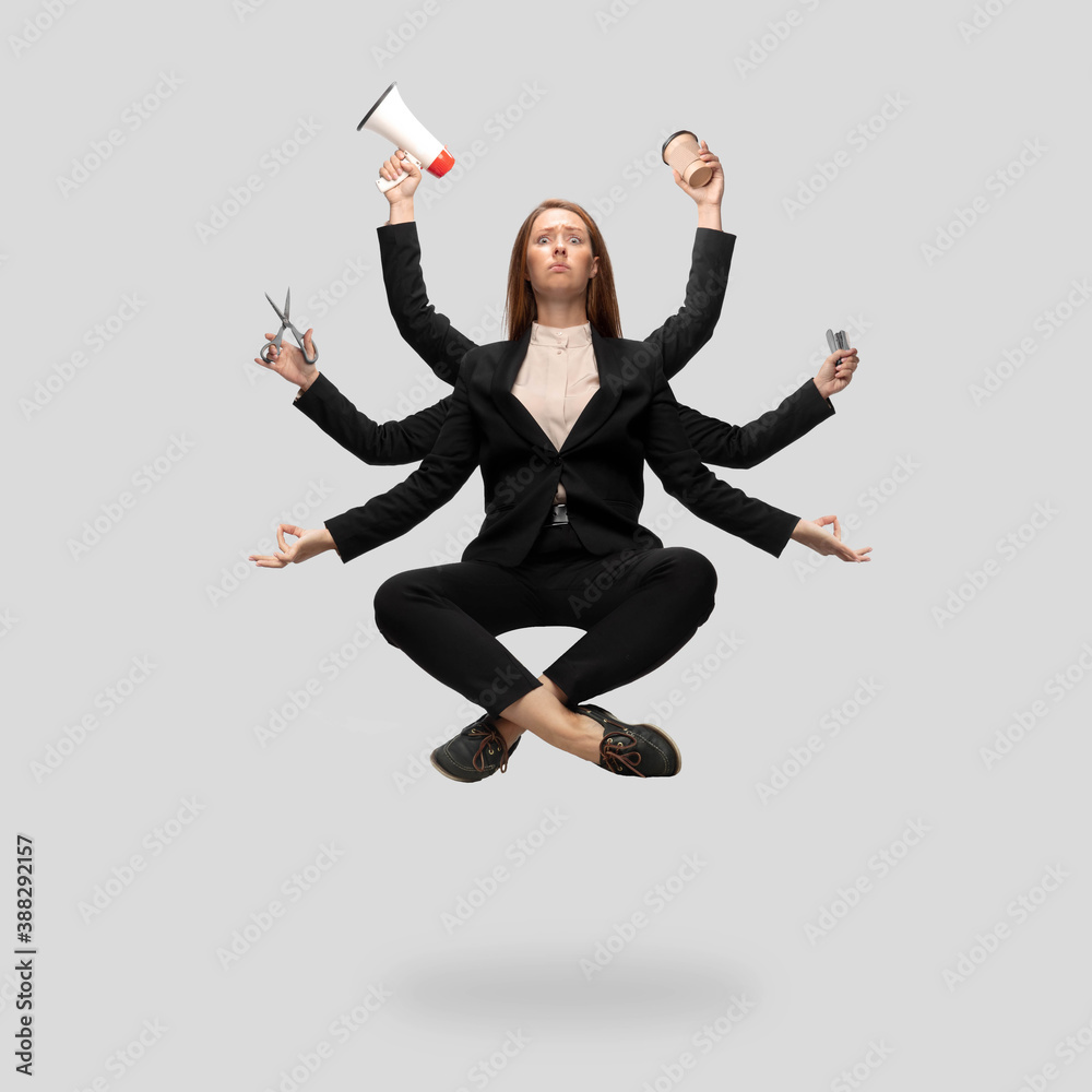 Beautiful business woman, secretary, multi-armed manager levitating ...