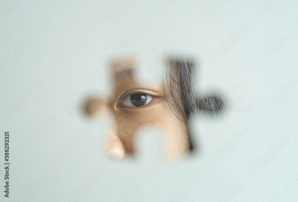 Autism and autistic child eye background with jigsaw as a symbol ...