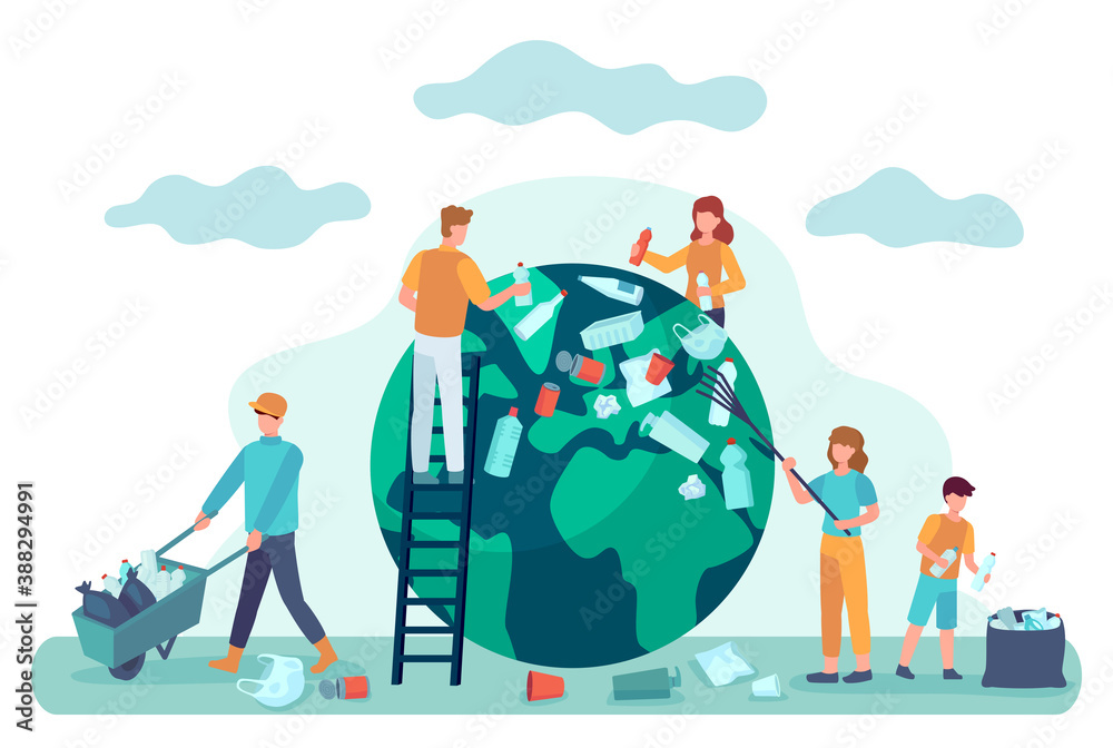 Earth cleaning. People clean world from garbage. Save planet ecology ...