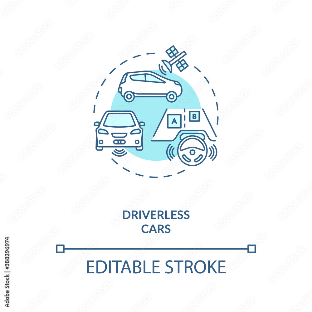 Driverless cars concept icon. Futuristic road safety devices. Computer ...