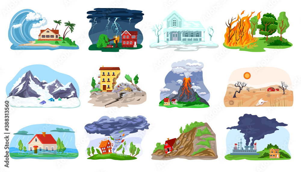 Natural disaster, catastrophe set of vector illustrations with tornado ...