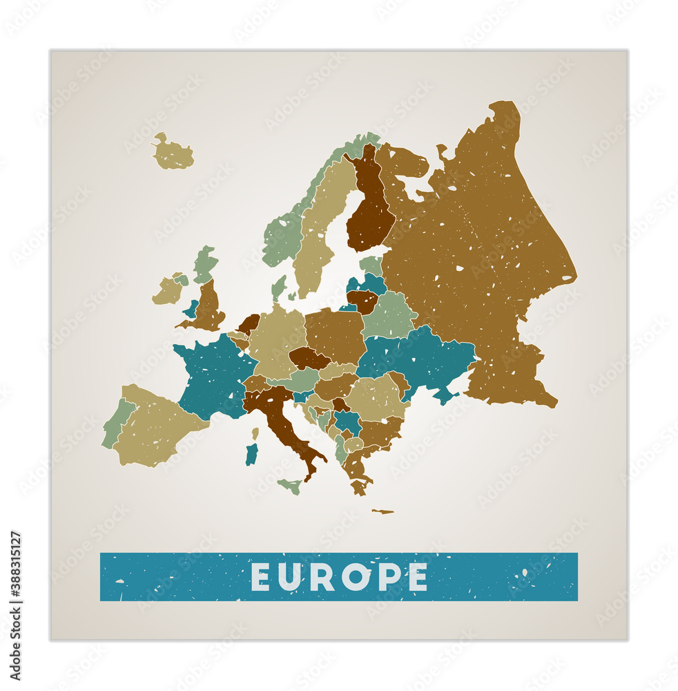 Europe map. Continent poster with regions. Old grunge texture. Shape of ...