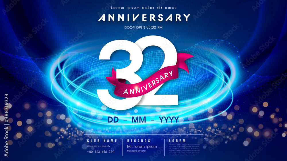32 years anniversary logo template on dark blue Abstract futuristic ...