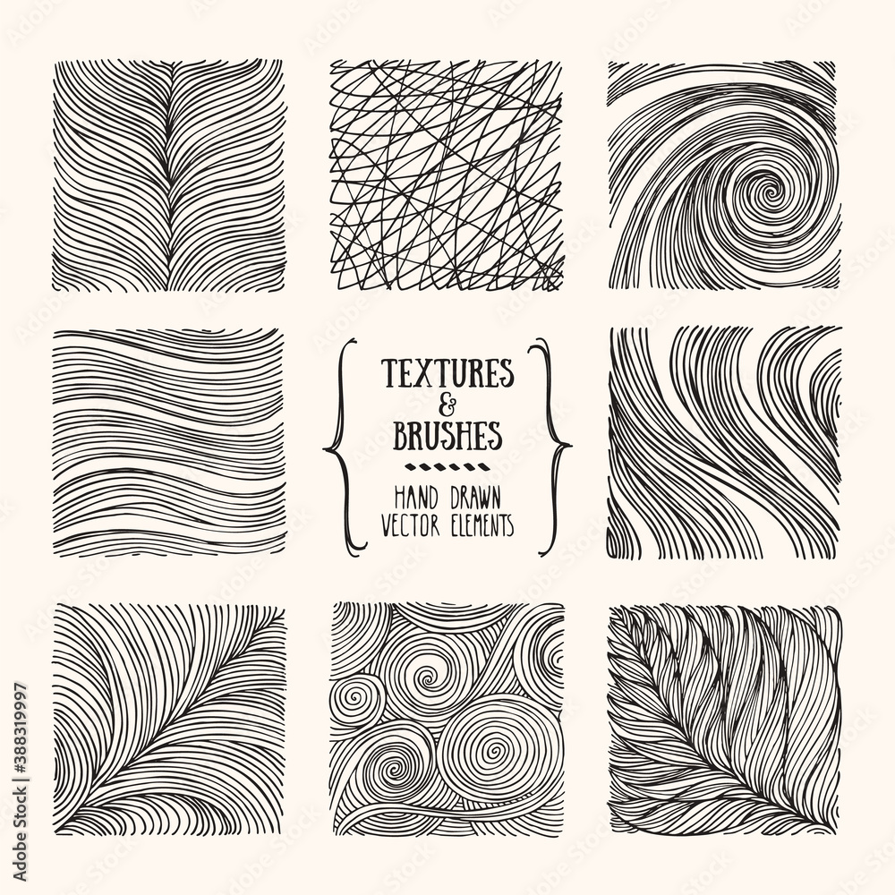 Hand drawn wavy linear textures made with ink. Artistic collection of graphic design elements ...