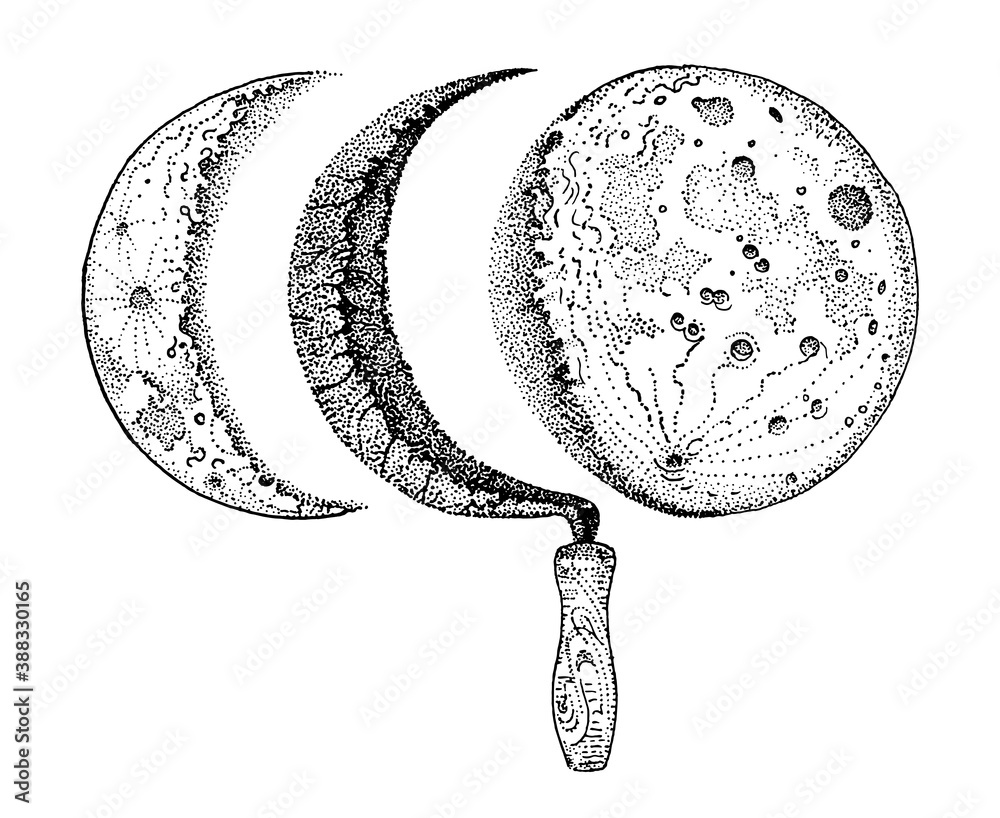 Sickle and moon phases. Waning and crescent moon. Hand drawn vector ...