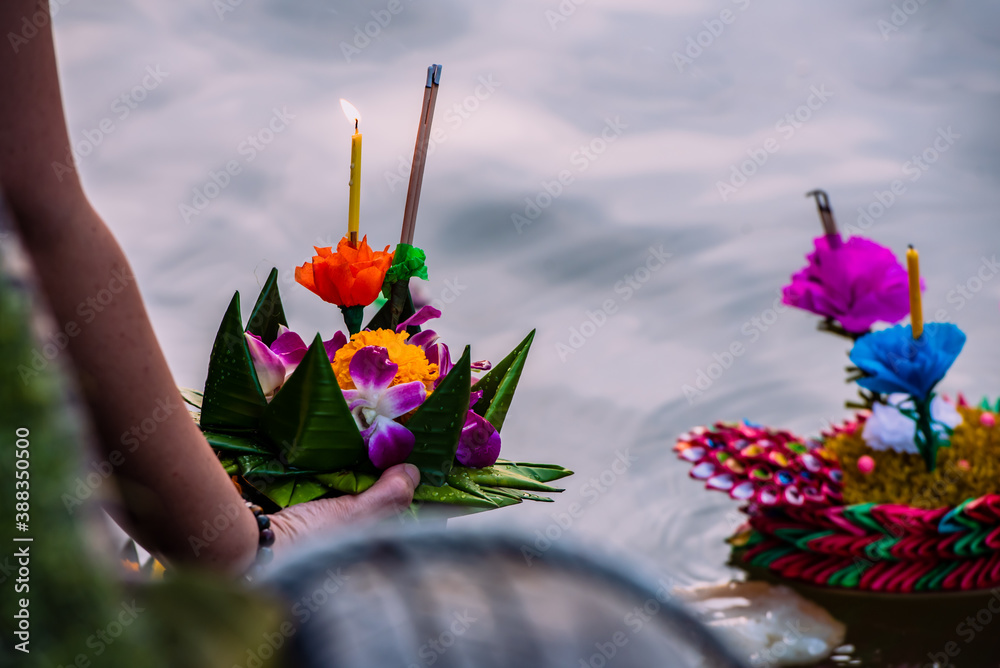 Flower floating basket or Loy krathong festival in Thailand. Stock ...