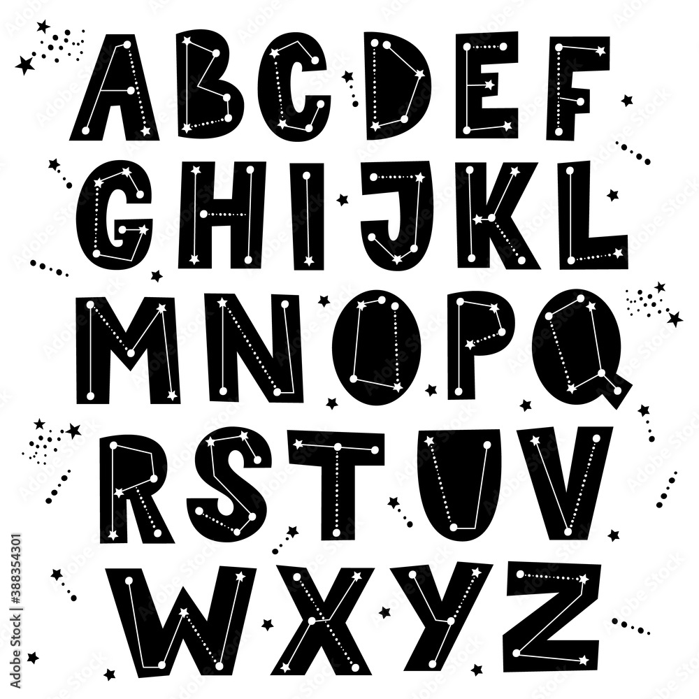 Celestial themed alphabet. Constellation concept letter set. Star ABC ...