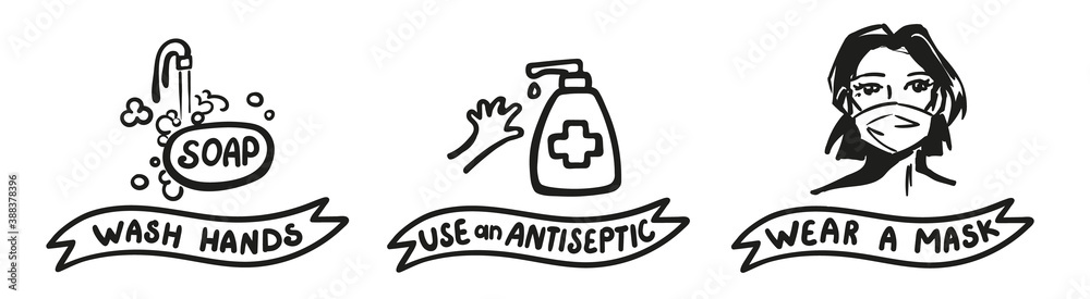 Hand drawn illustration with coronavirus prevention icon set. Doodle ...