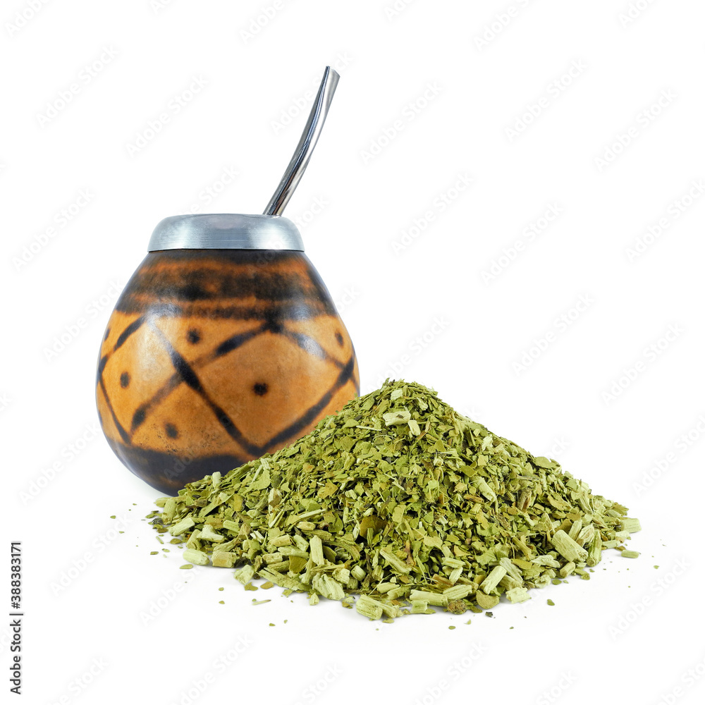 Heap of dry Yerba mate herb (Ilex paraguariensis) and calabash gourd ...