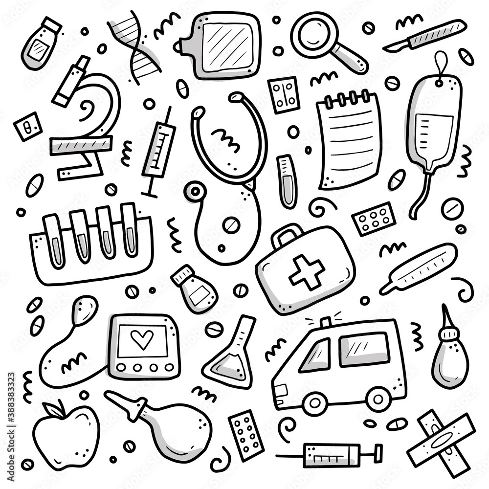 Hand drawn set of medicine elements, pill, tablet, stethoscope. Comic ...