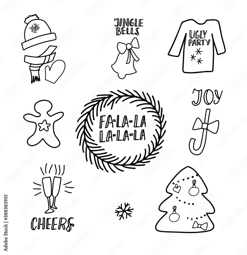 Cozy winter doodle elements. Cap, scarf, mitten, Christmas tree, joy ...