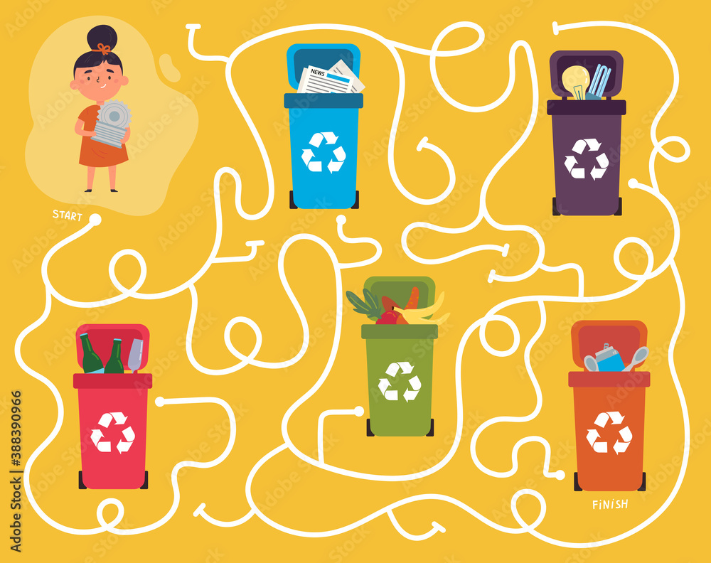 Recycling maze for kids with a solution.Labyrinth game to find way of ...