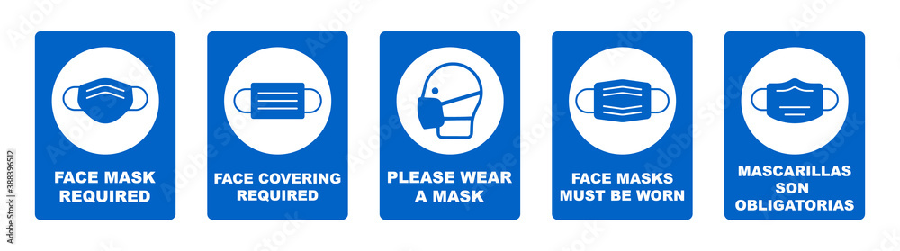 Set of face mask required vector signs. Facemask or covering must be ...