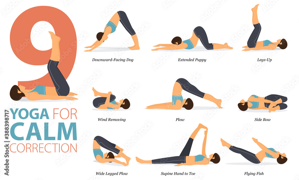 9 Yoga poses or asana posture for workout in Calm Correction concept ...