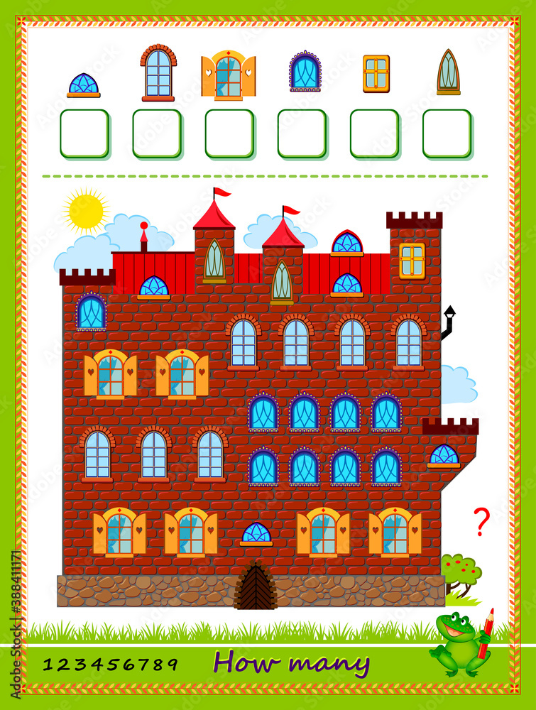 Math education for children. Count quantity of windows and write ...