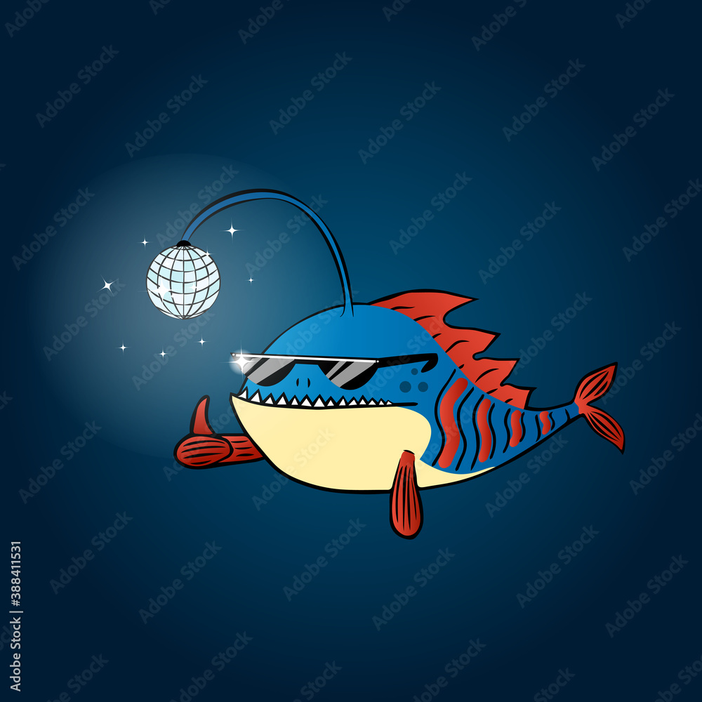 Funny cartoon anglerfish.Angler fish in sunglasses.Vector illustration ...