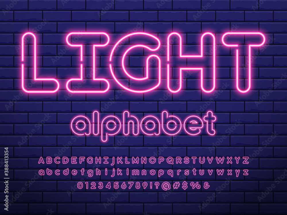 Neon light alphabet design with uppercase, lowercase, numbers and ...