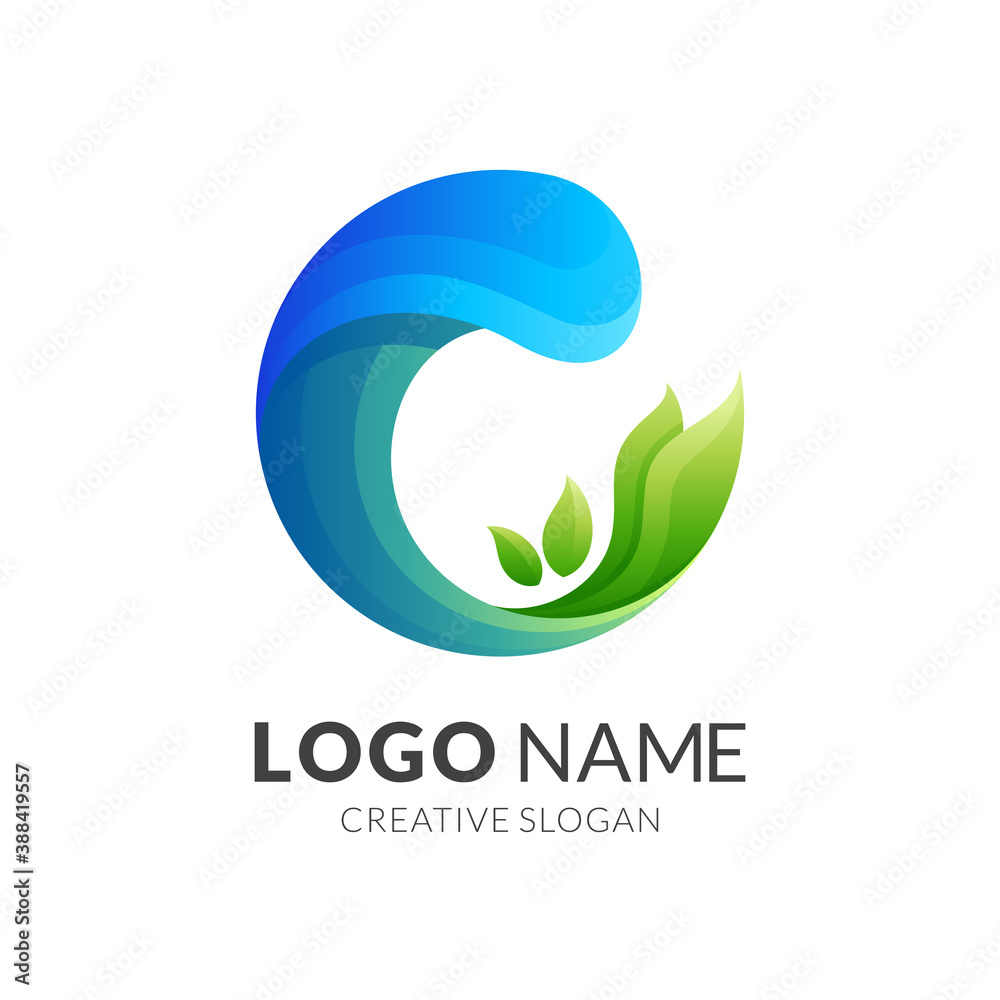 nature wave logo, wave and leaf, combination logo with 3d colorful ...